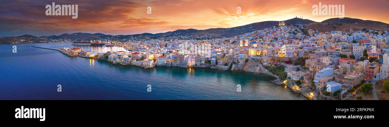 Panoramic view of Ermoupoli and Ano Syra towns in Syros island ...