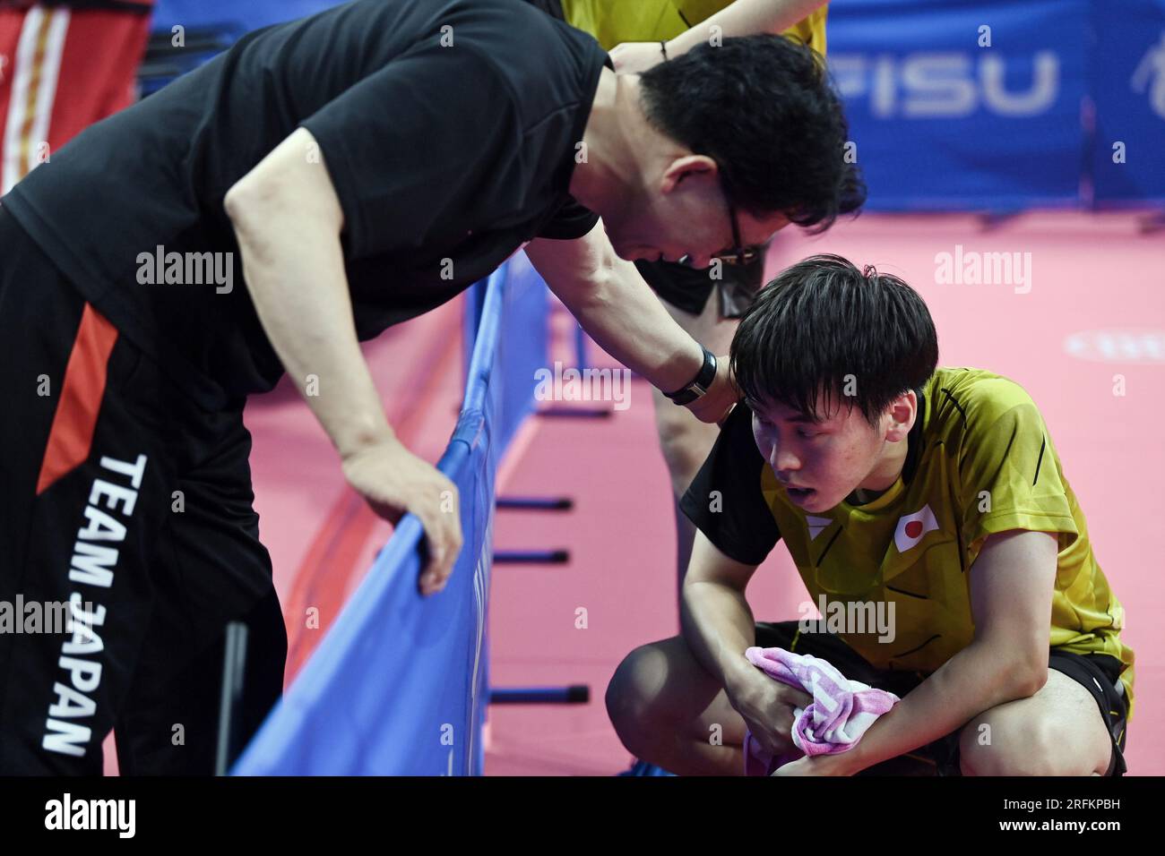 Chengdu, China's Sichuan Province. 4th Aug, 2023. Hamada Kazuki (R) of Japan reacts after the ...