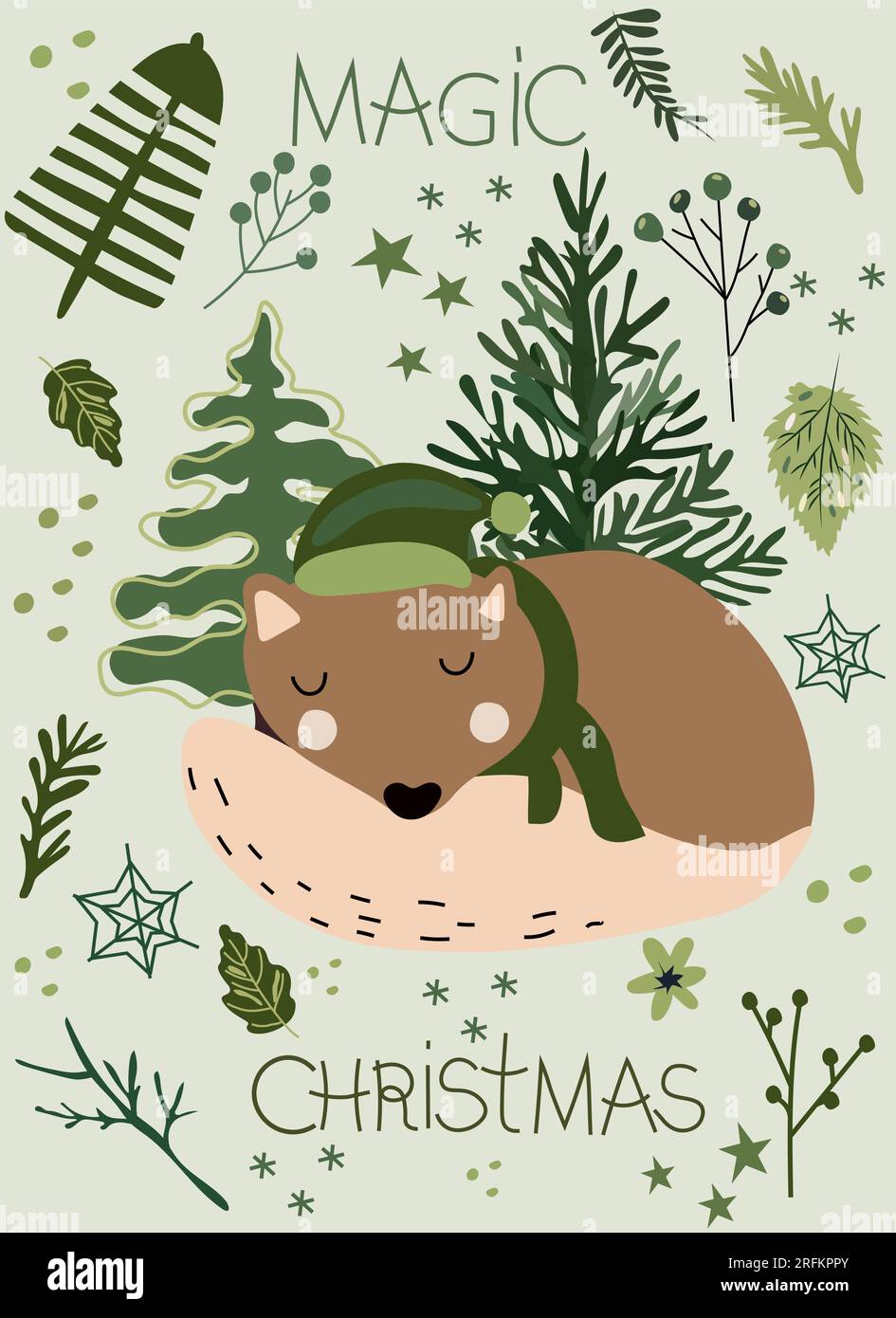 Christmas poster with winter trees, stars, snowflakes and forest ...