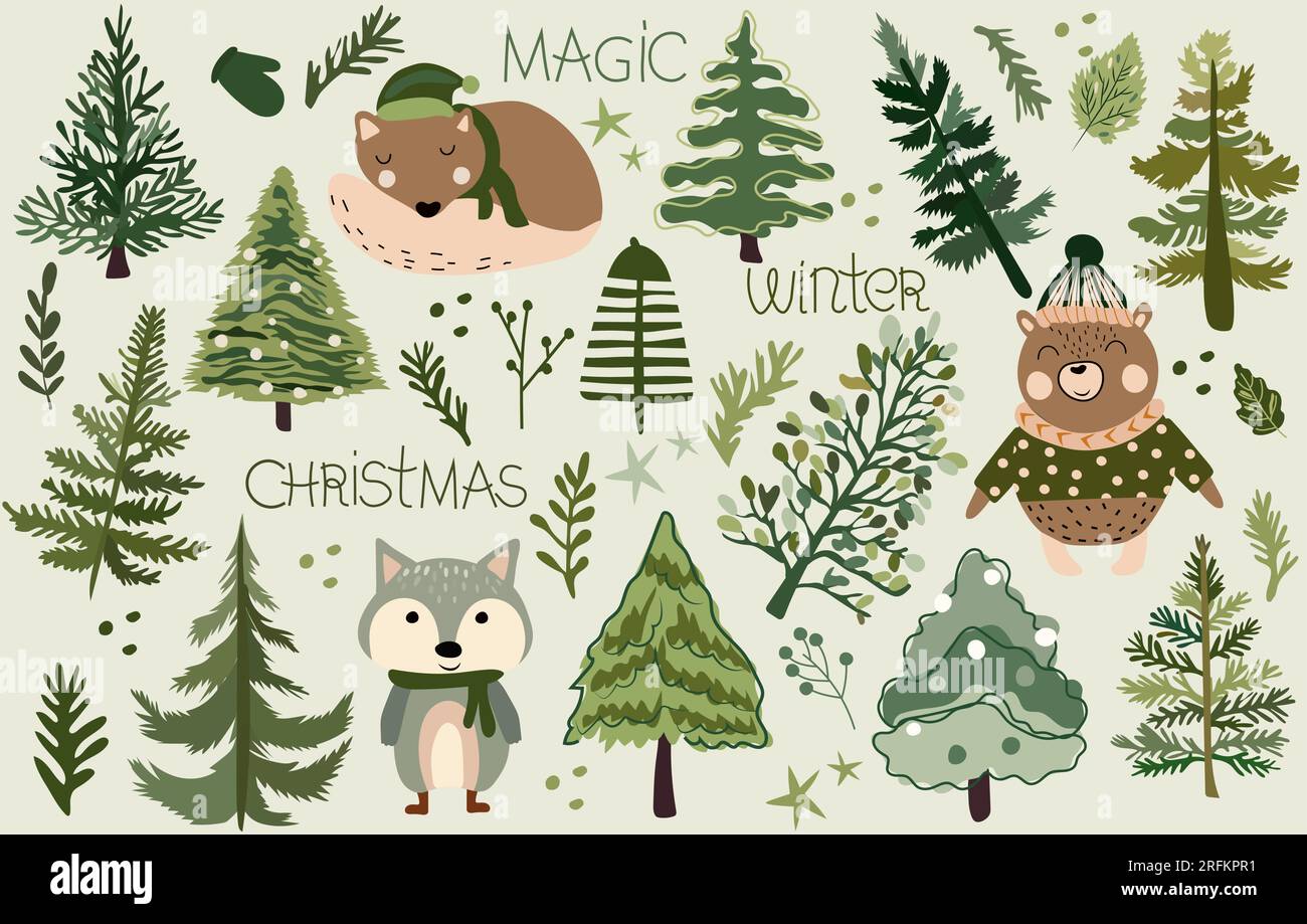 Christmas poster with winter trees, stars, snowflakes and forest ...