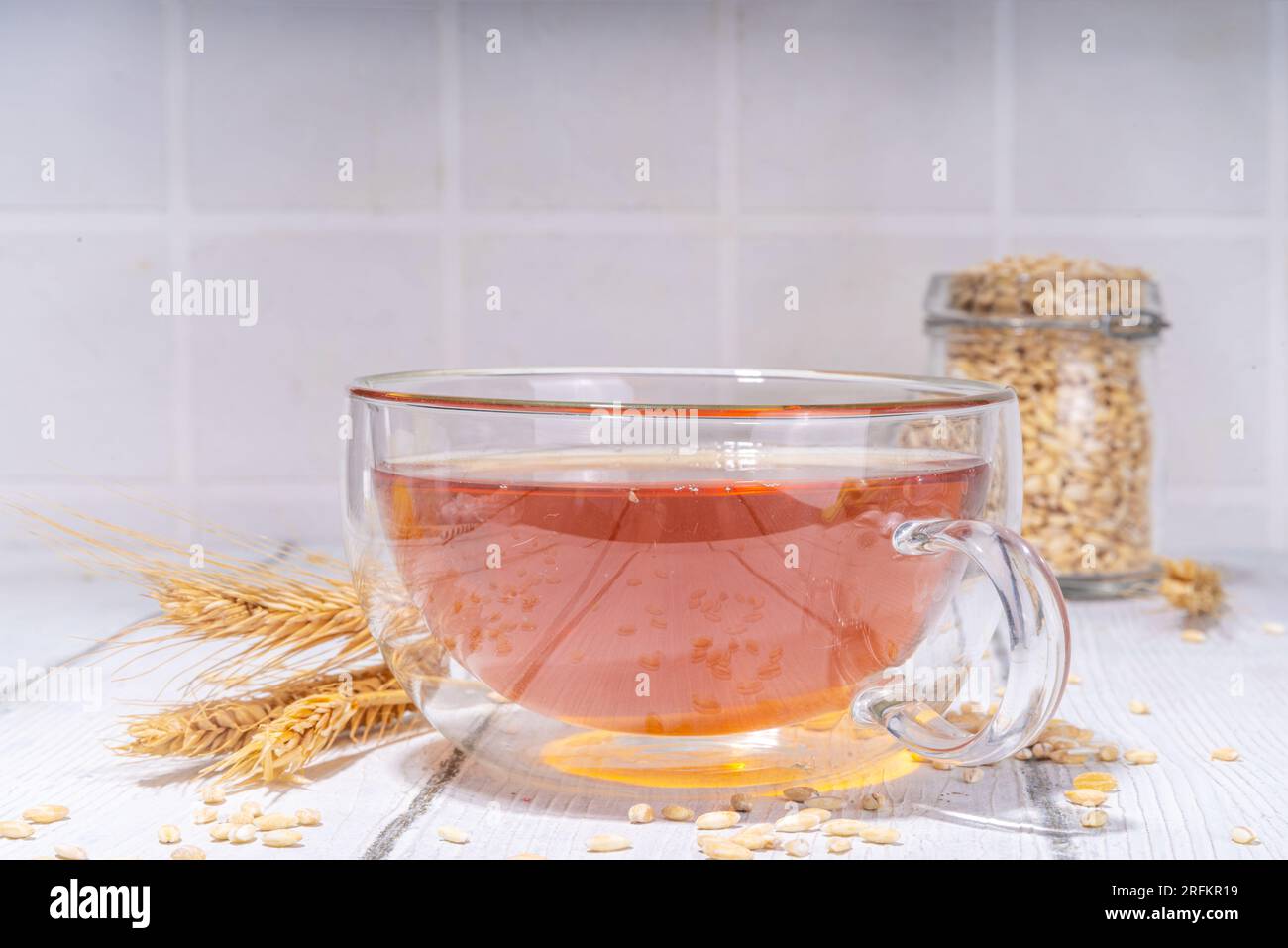 Organic barley tea cup , alternative trendy orzo tea in glass mug Stock ...