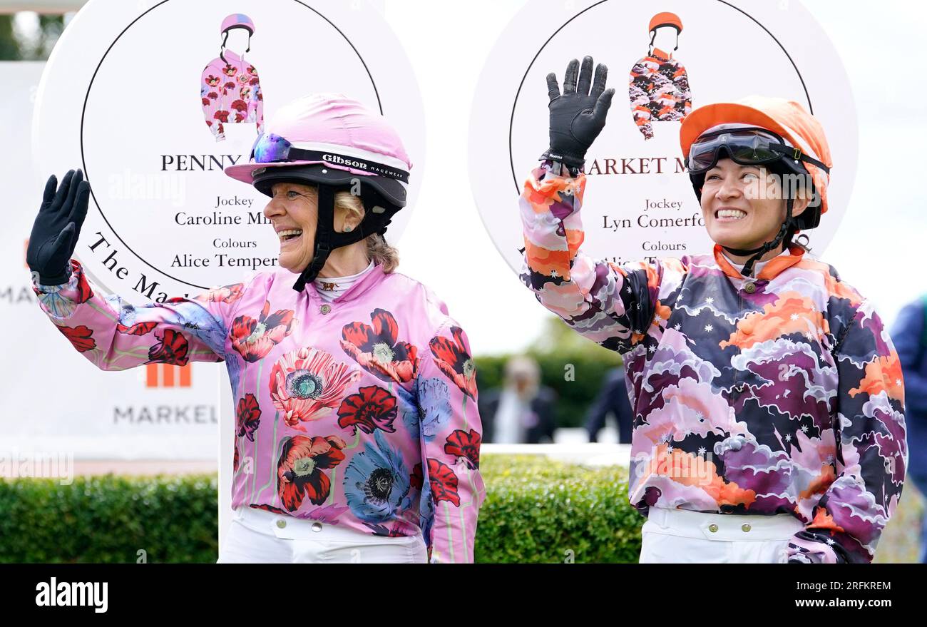 Jockey Caroline Miller (left) and Lyn Comerford wave to racegoers ahead ...