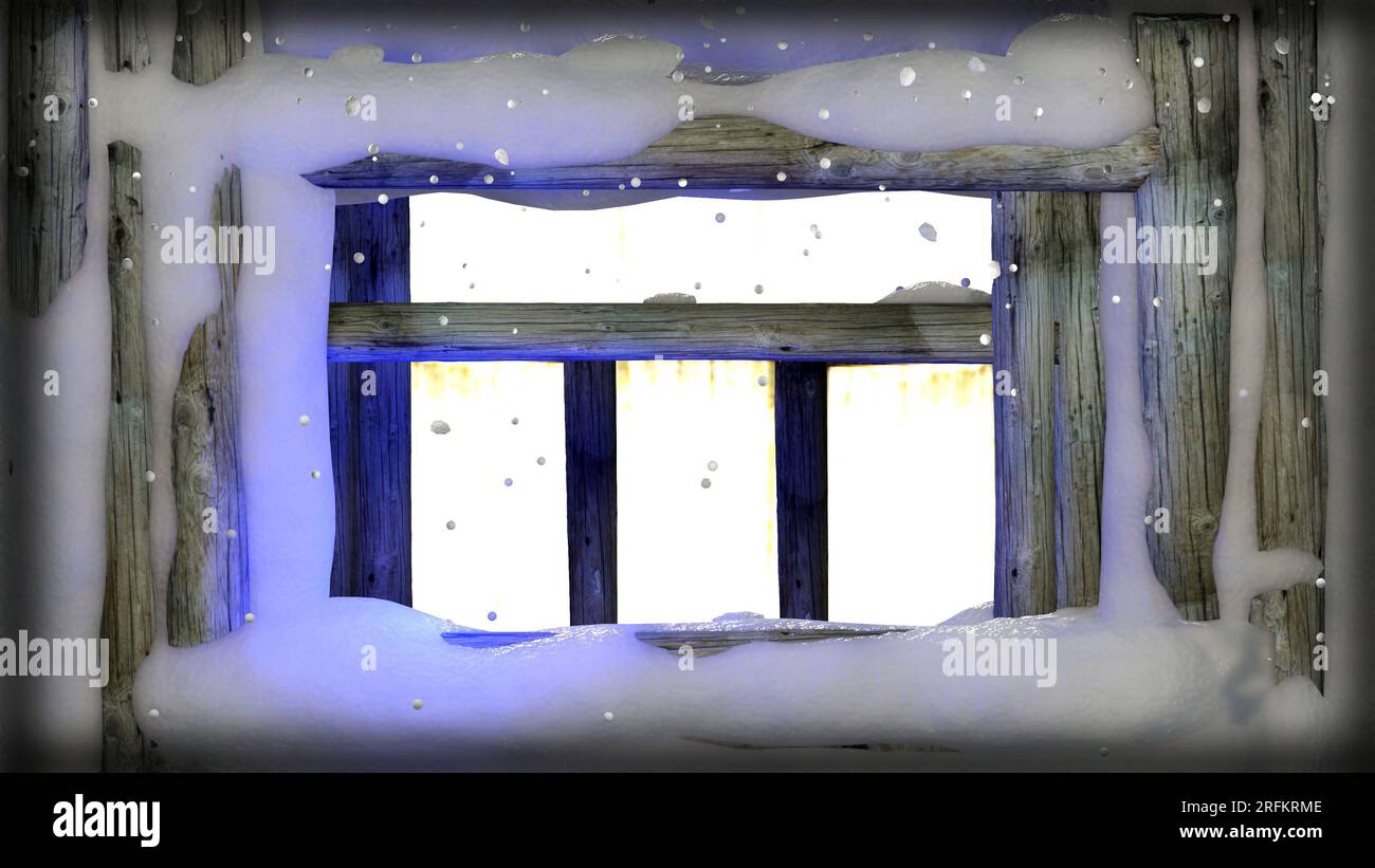 Christmas winter window background with frozen ice and falling snow ...