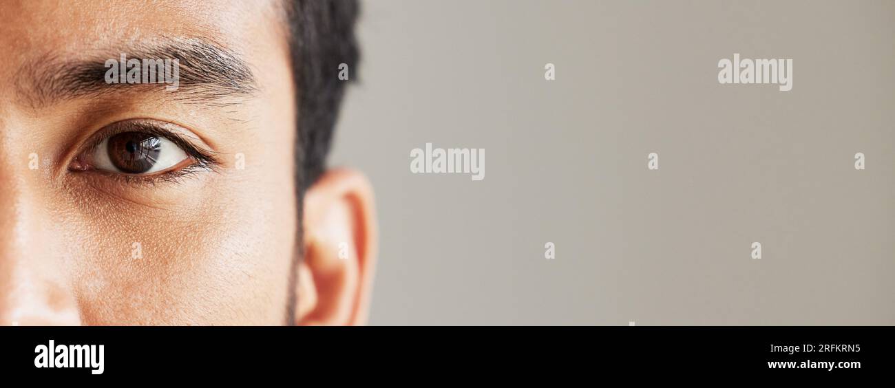 Eye banner, portrait and man for optometry, vision and mockup for ...