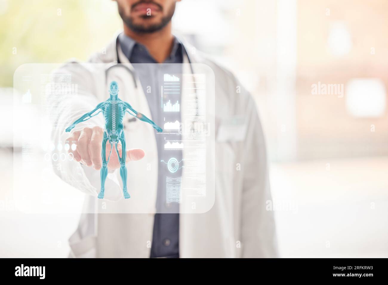 Doctor, man and analytics, hologram and skeleton, overlay and graphs ...