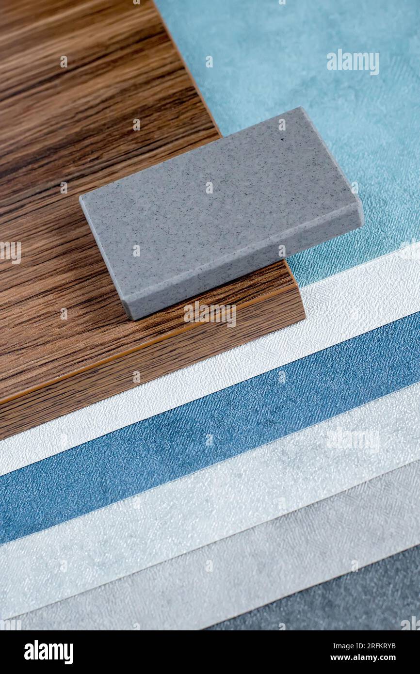 samples of finishing materials, close-up view, including various wooden ...