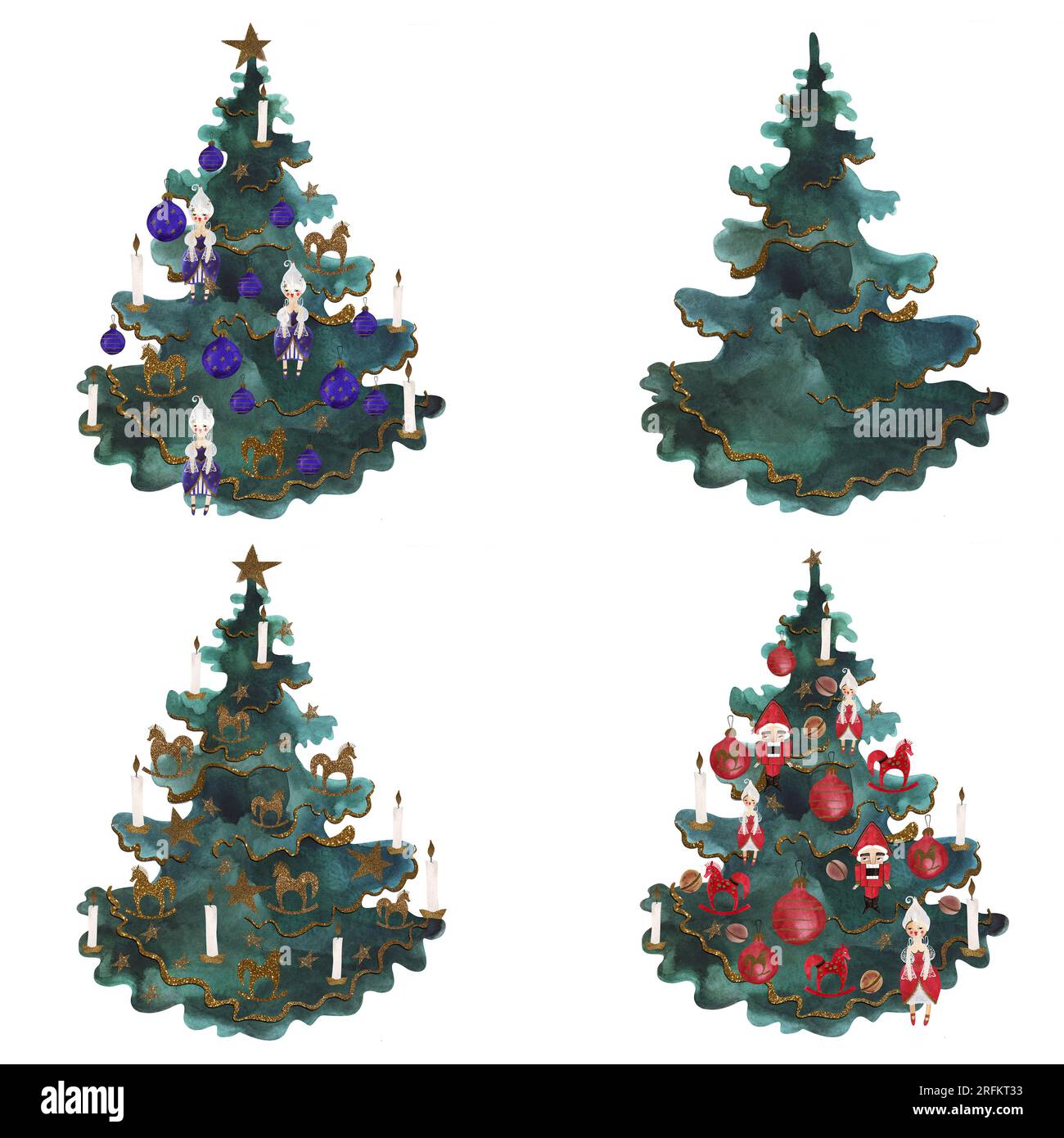 Watercolor decorated christmas tree. Isolated illustration. Clipart ...