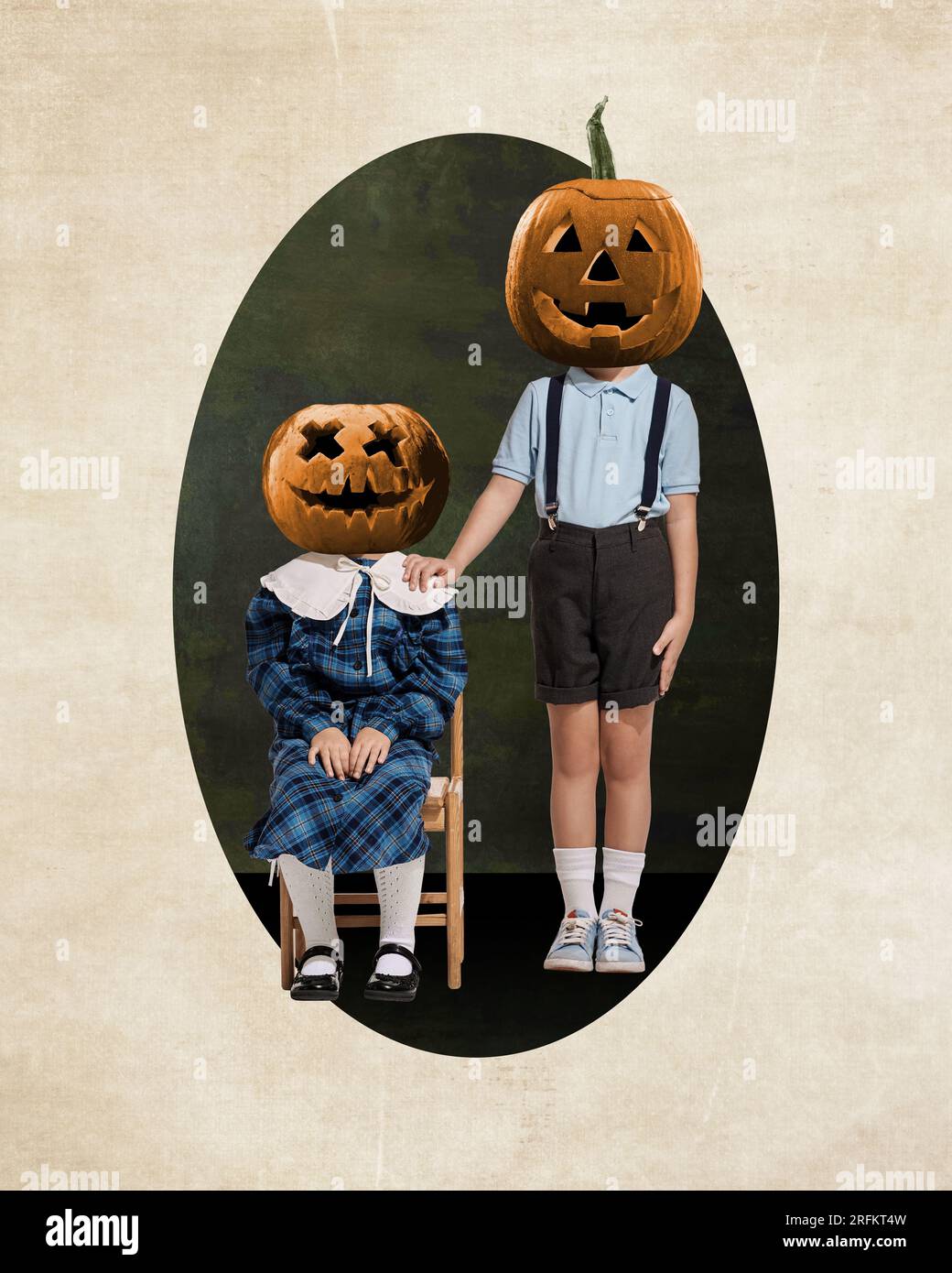 Creepy portrait of little girl and boy, siblings with pumpkin on head ...