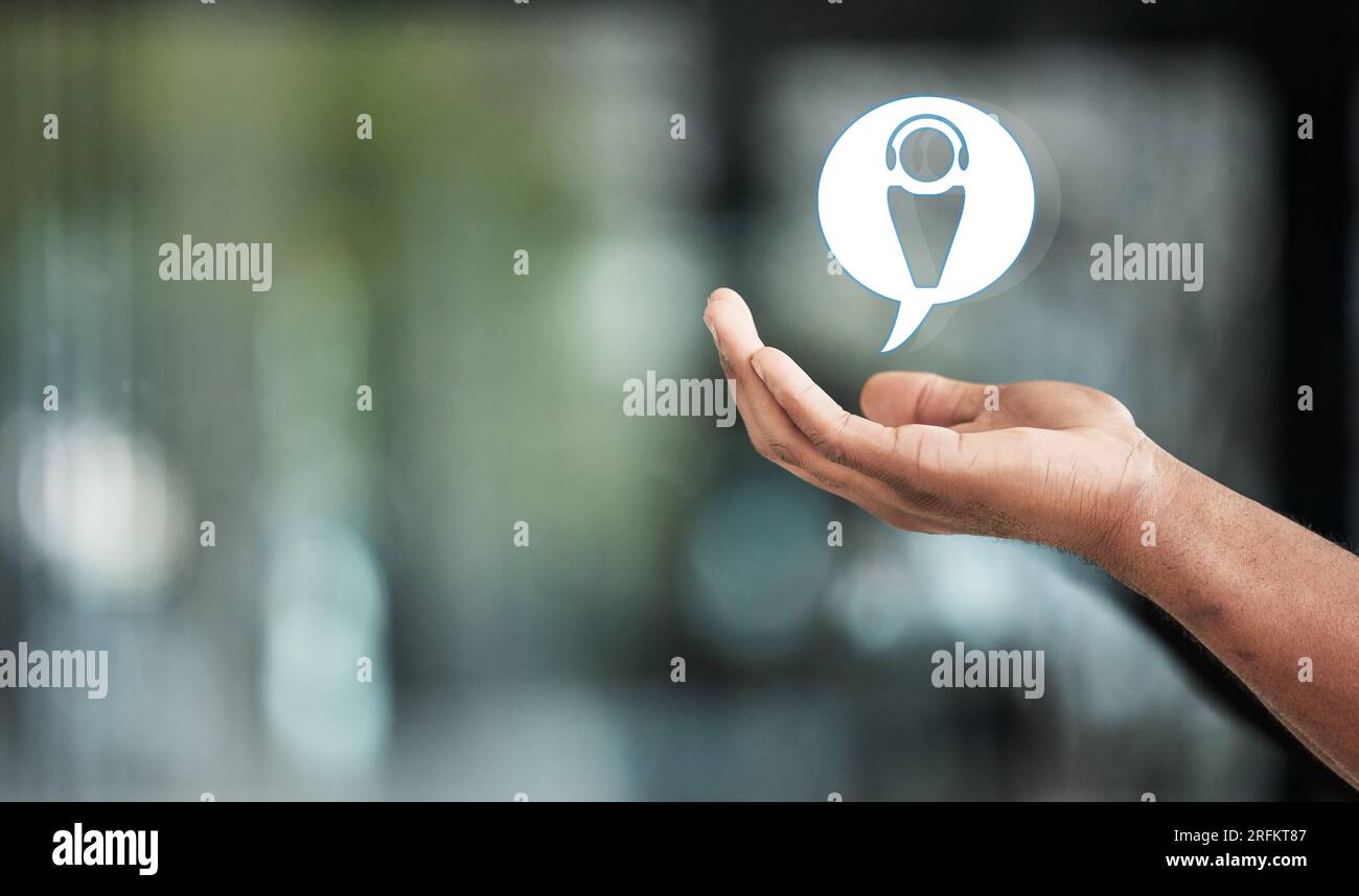 Hand, icon and call center app with mockup space in an office for ...