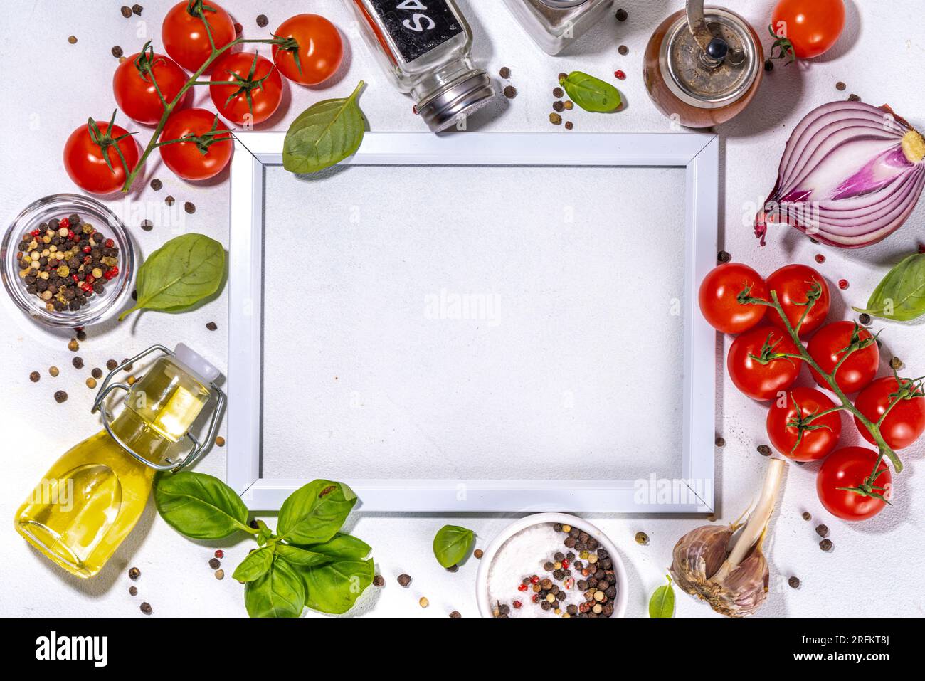 White cooking background with useful cooking italian Mediterranean ...