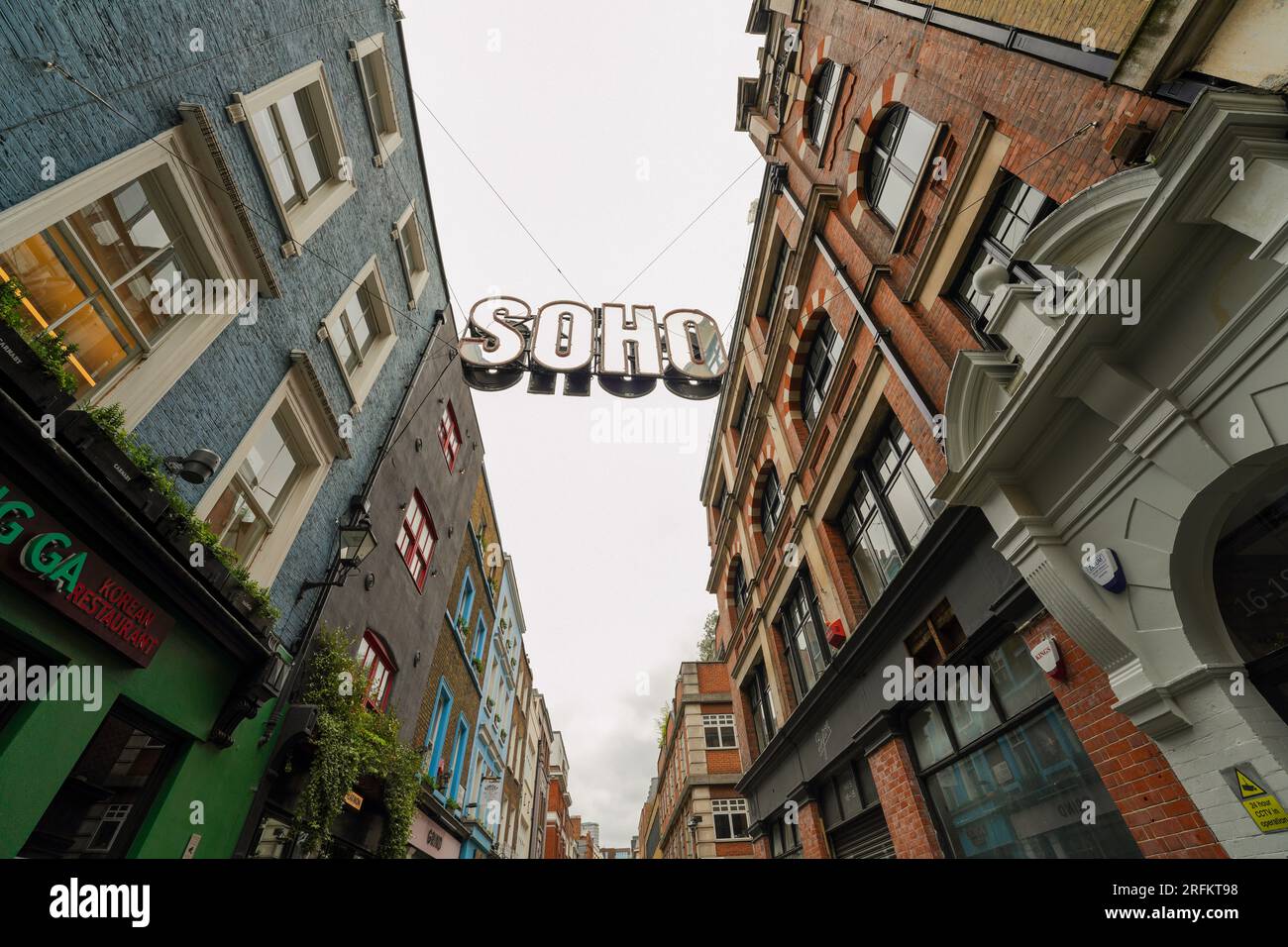 London, England, UK - May 7, 2023. SOHO sign over the city streets in ...