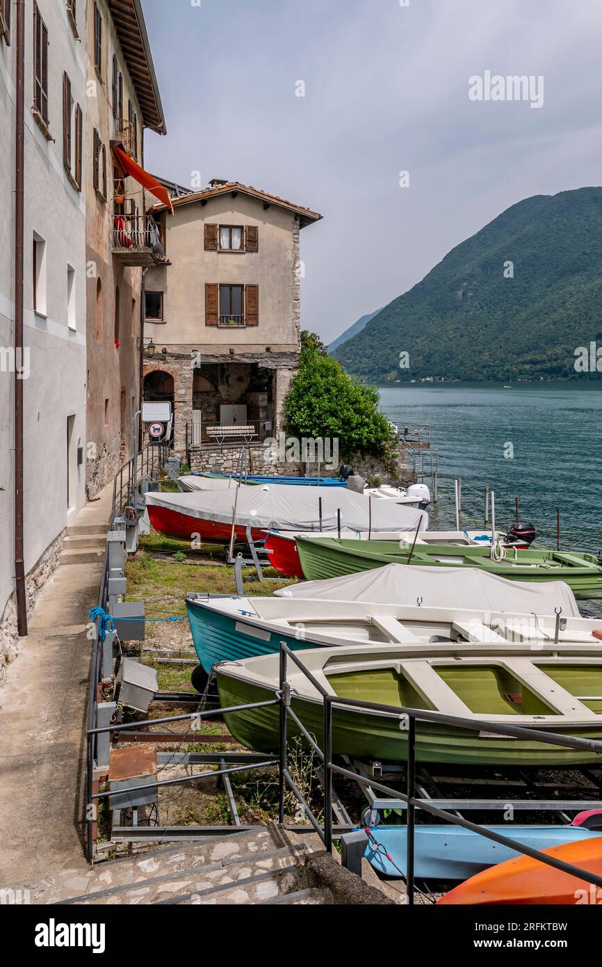A glimpse of Gandria, overlooking Lake Lugano, Switzerland Stock Photo ...