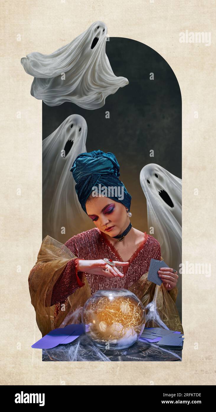 Future prediction. Young woman, with, fortune teller with magic sphere ...