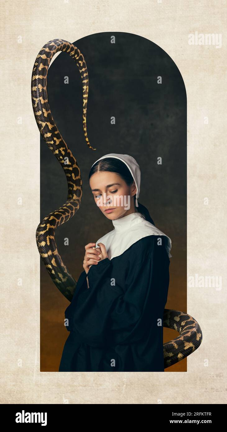 Portrait of medieval woman in image of nun with snake around her ...