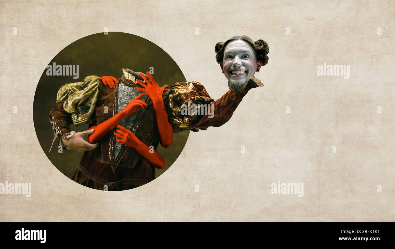 Creepy portrait of headless royal person in vintage suit holding head on hand. Contemporary art ...