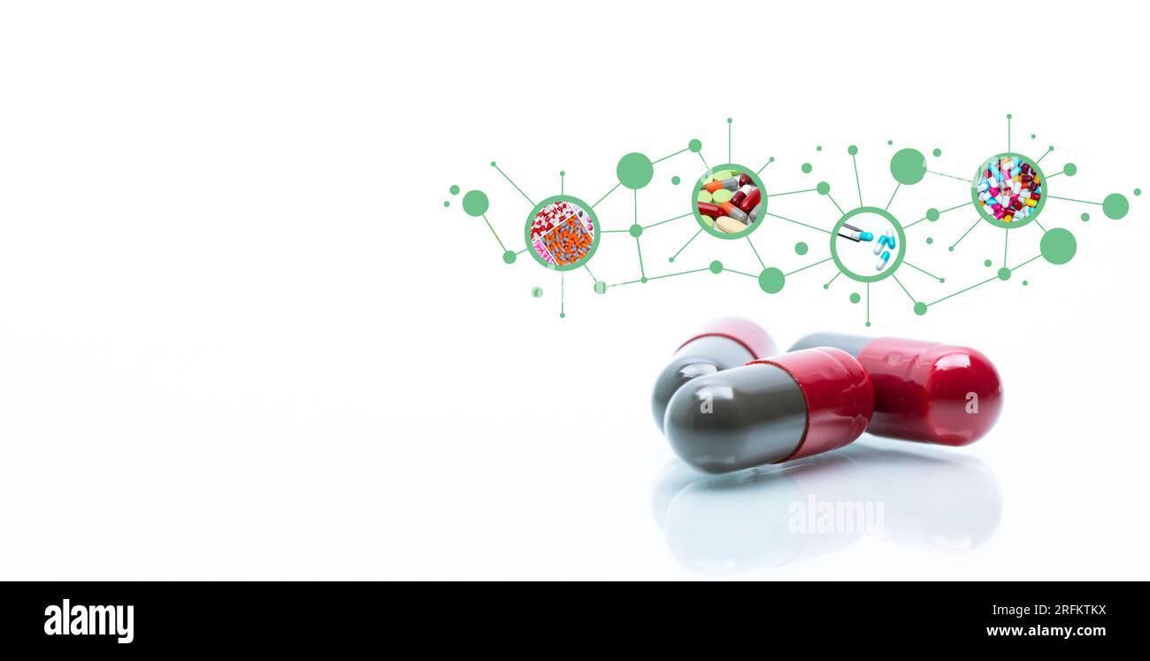 Red and gray antibiotic capsule pills. Antibiotic drugs. Pharmaceutical ...