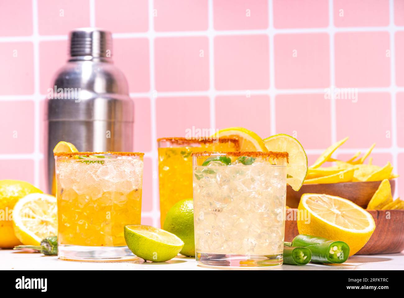 Set of tequila margarita mexican cocktails, with jalapeno pepper, lime ...