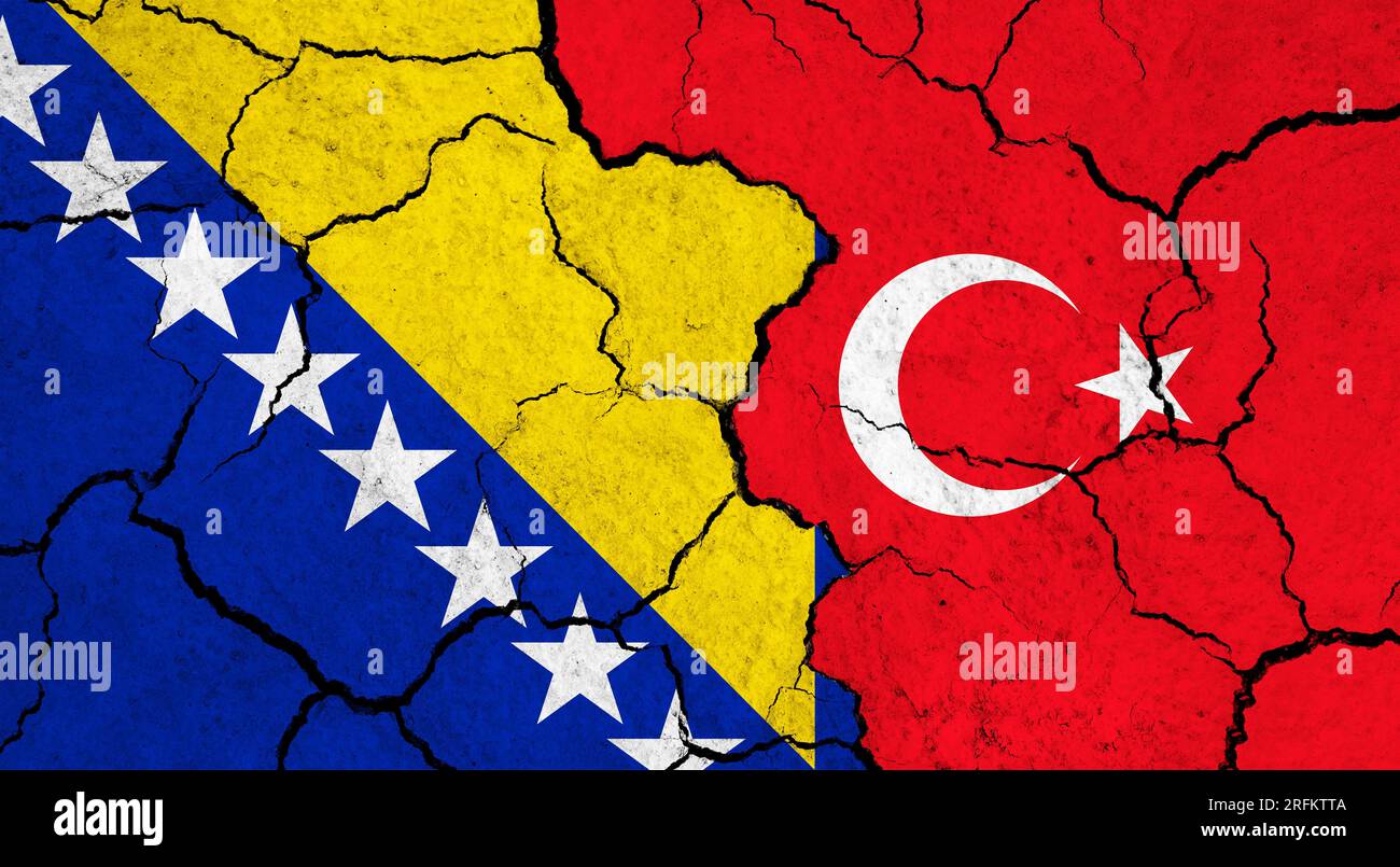 Flags of Bosnia and Turkey on cracked surface - politics, relationship ...