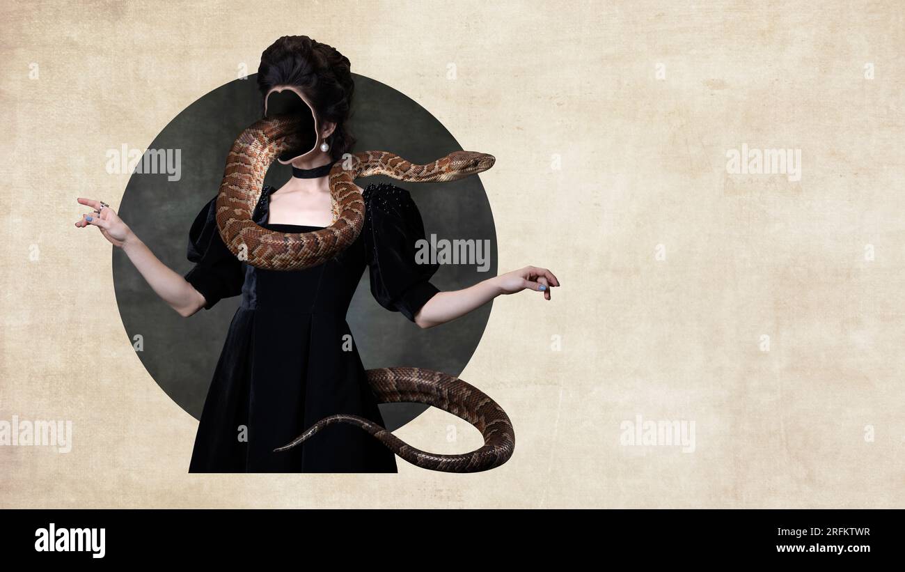 Elegant faceless woman in black dress with snake over her body. Magic ...