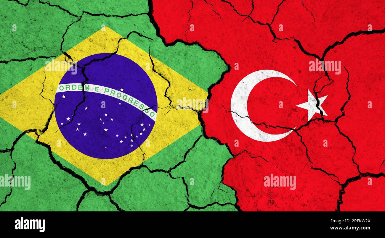Flags of Brazil and Turkey on cracked surface - politics, relationship ...