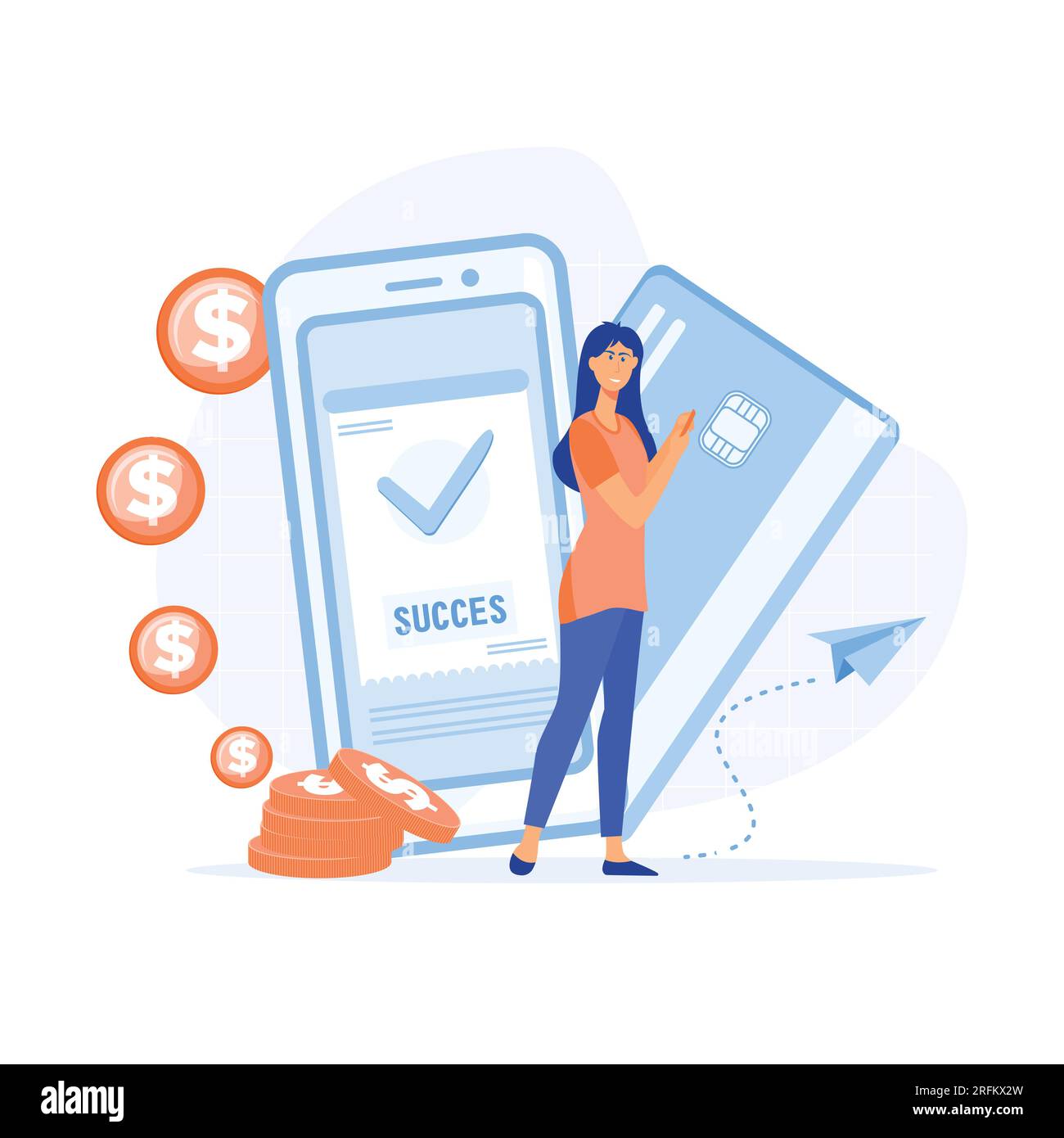 Online mobile payment and banking service Concept. woman pays with mobile phone successfully and ...