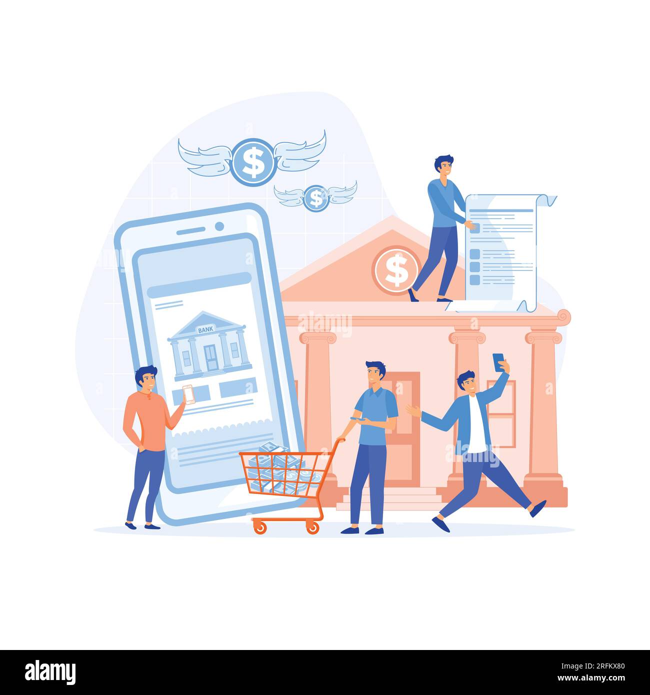 Digital bank service concept. Office people characters using smartphone ...