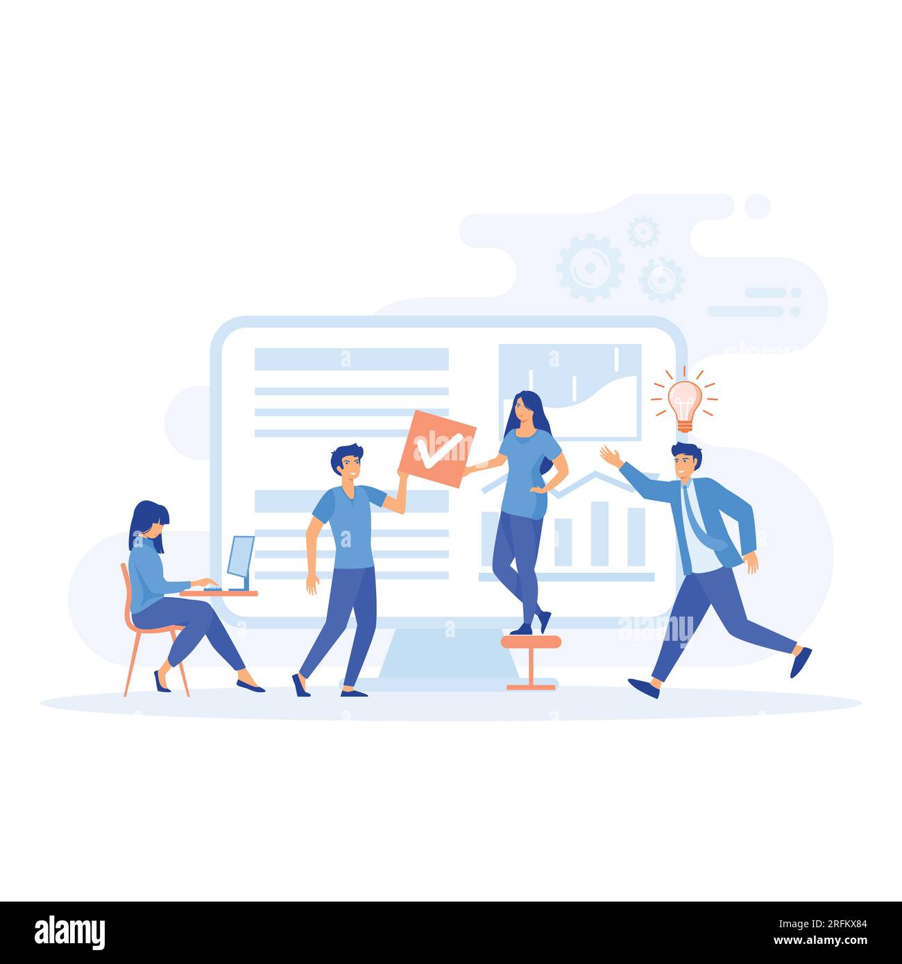 Teamwork Concepts Big Computer And Programmer Team Moving Cards On Electronic Kanban Task Board