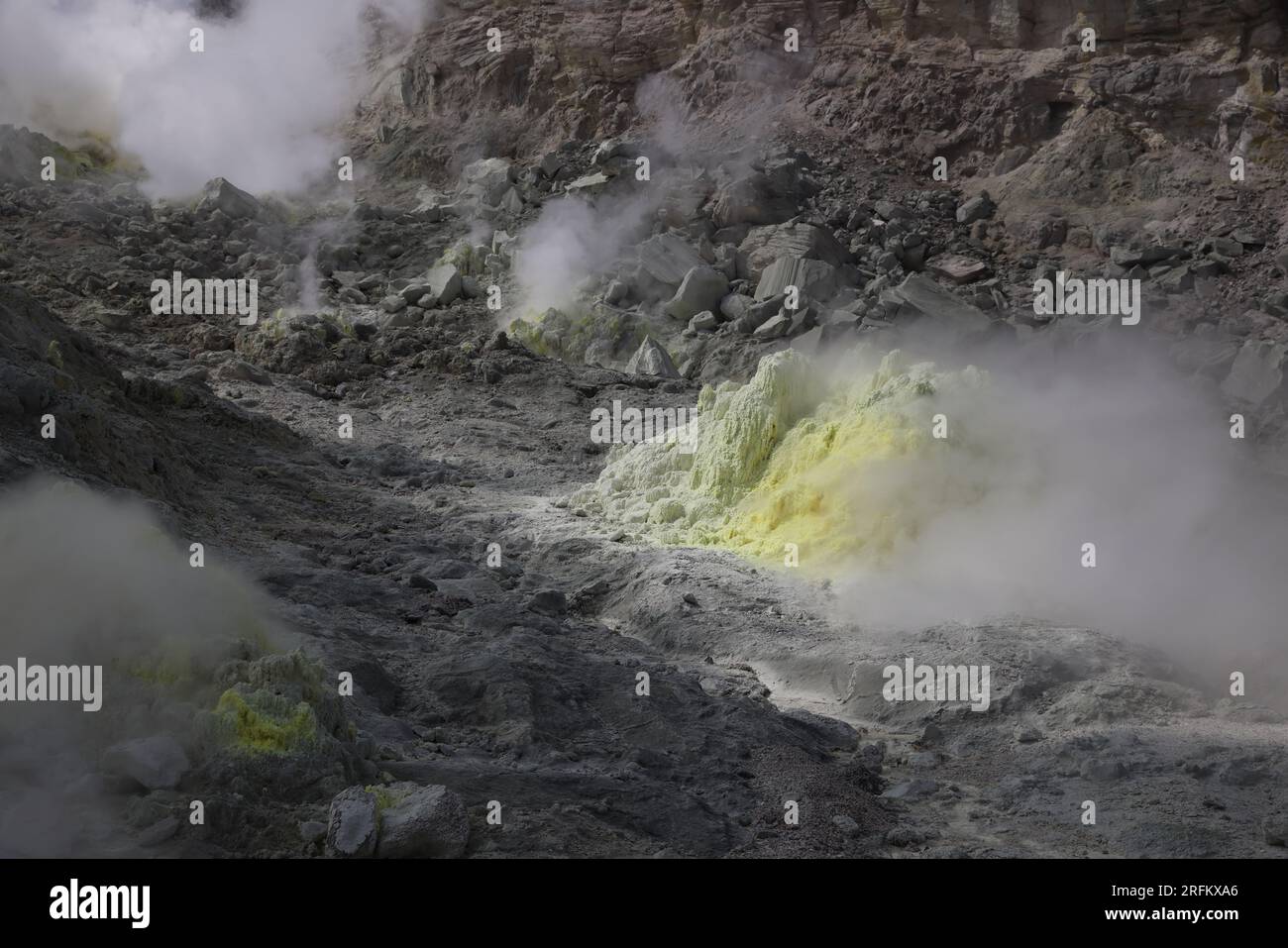 Sulphur pieces on Iozan (sulfur mountain) active volcano area, Akan ...