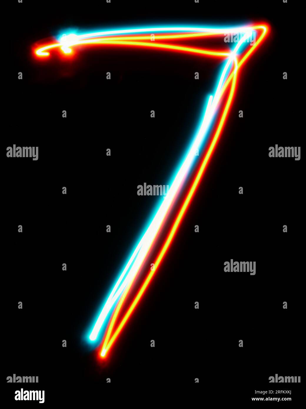 Number 7 of the alphabet made from neon sign. The blue red light image ...