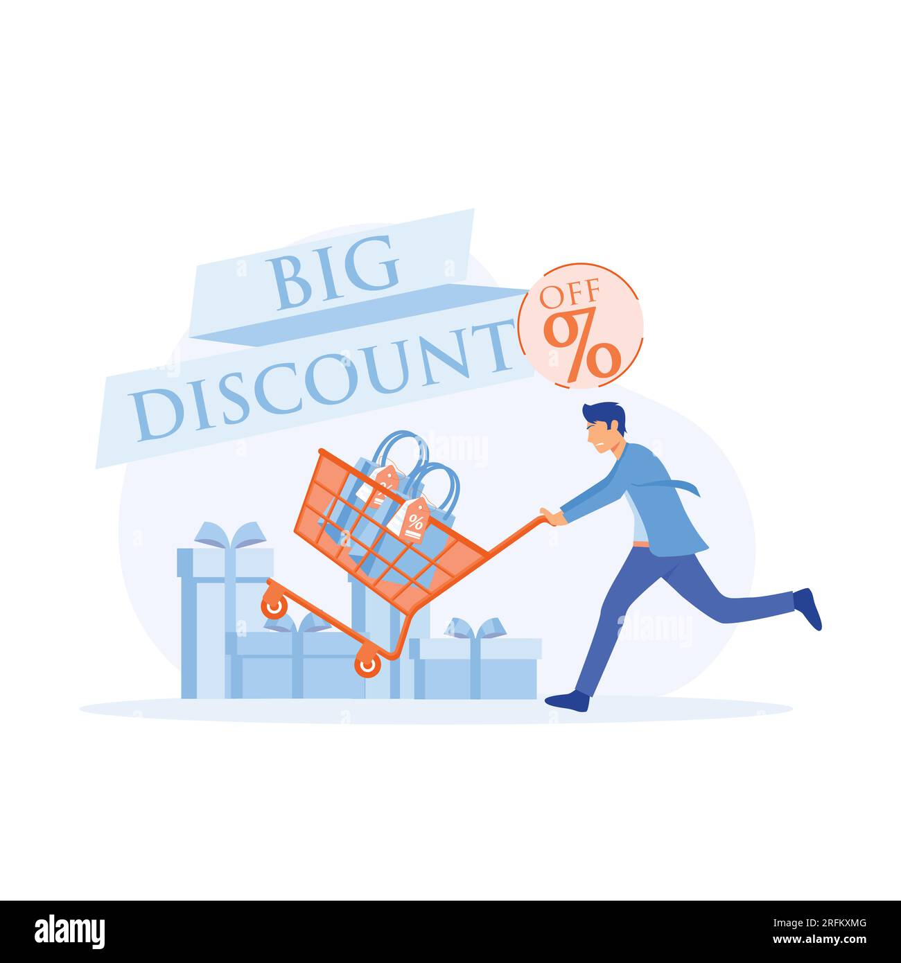 sales cart discounts.man pushing shopping cart trolley with big ...