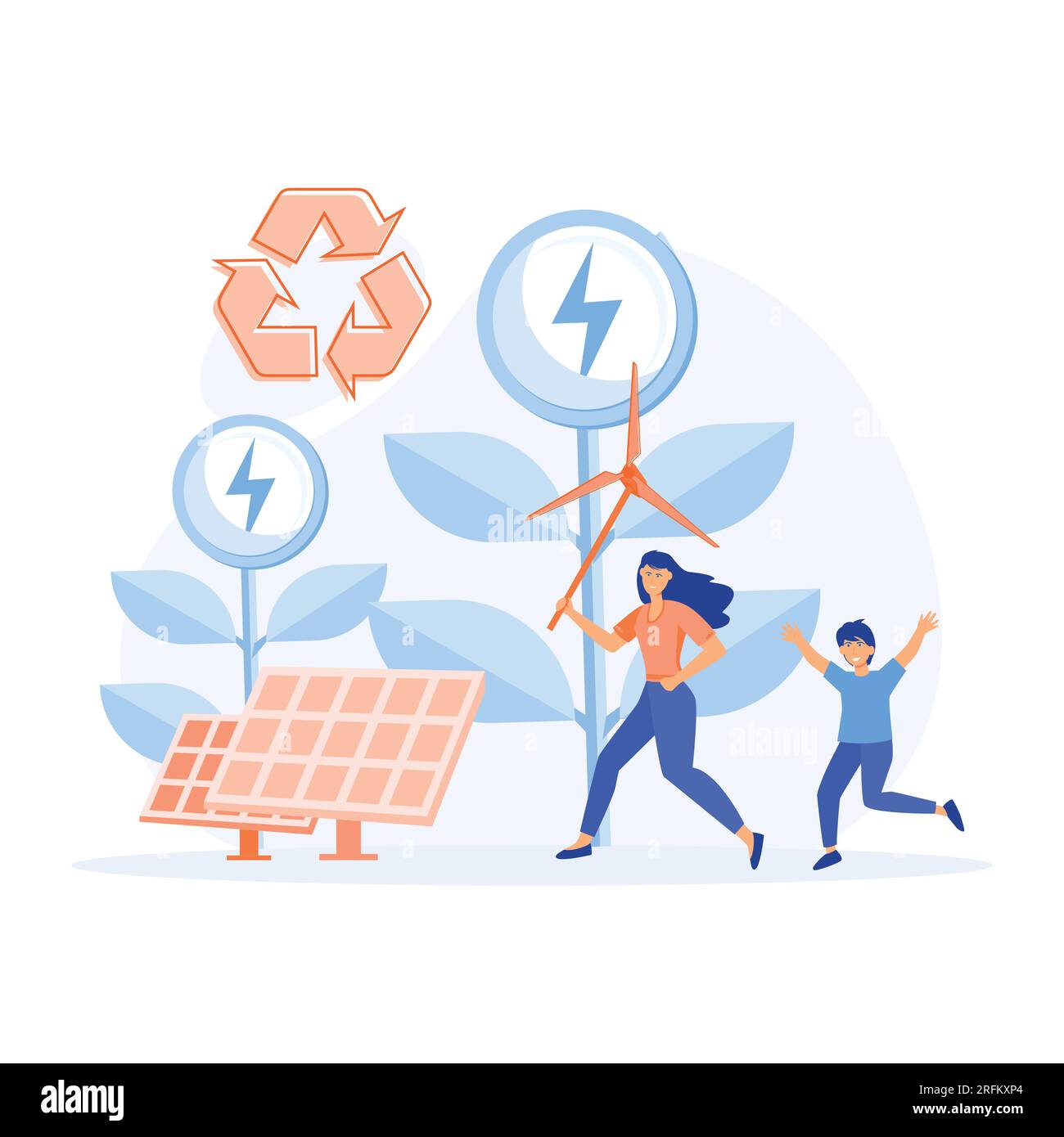 Ecology - Renewable energy. Solar panels, Wind turbines, Rain power. A ...