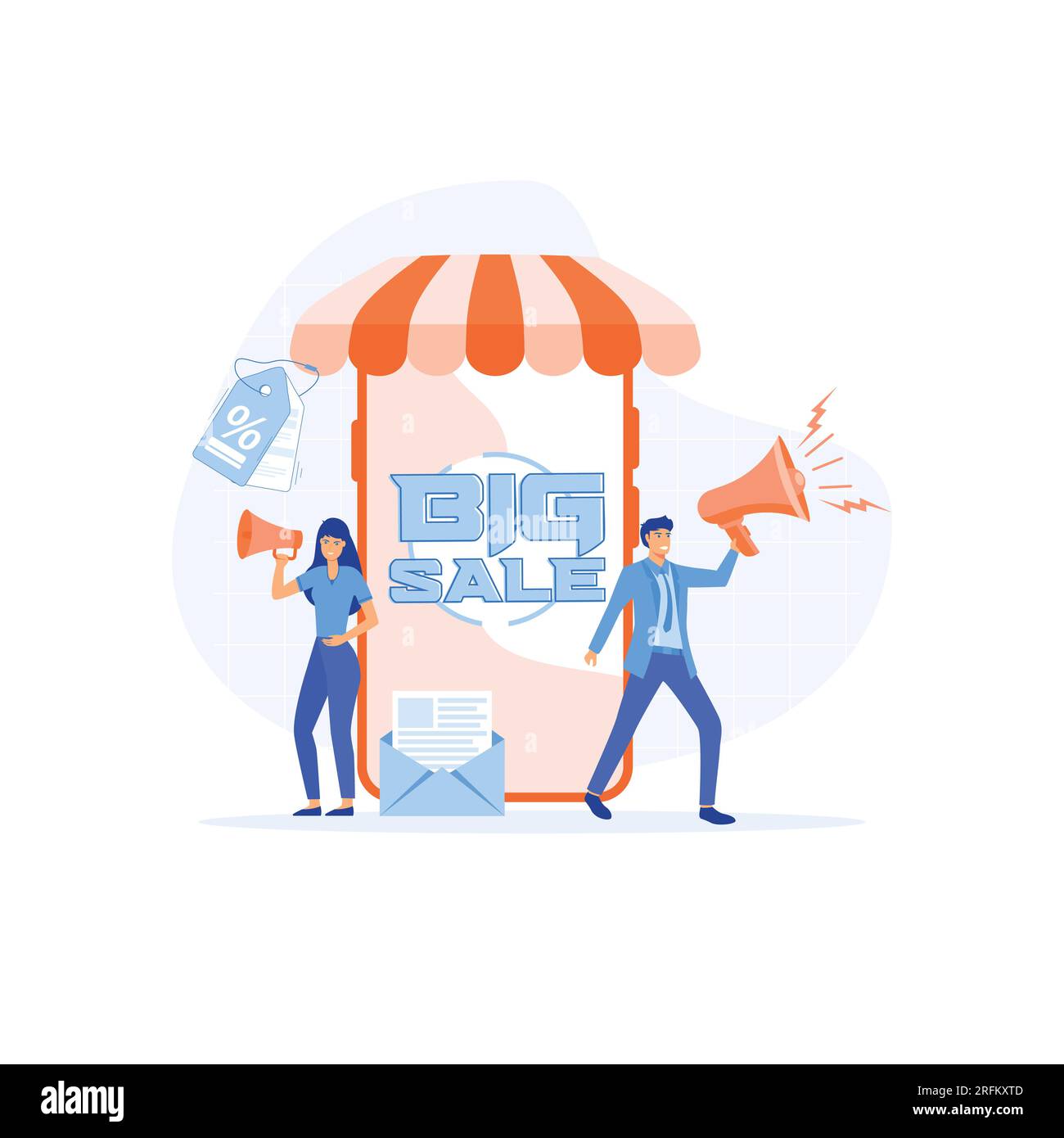 Big sale and discounts for shoppers e-marketing. Woman use megaphone or ...