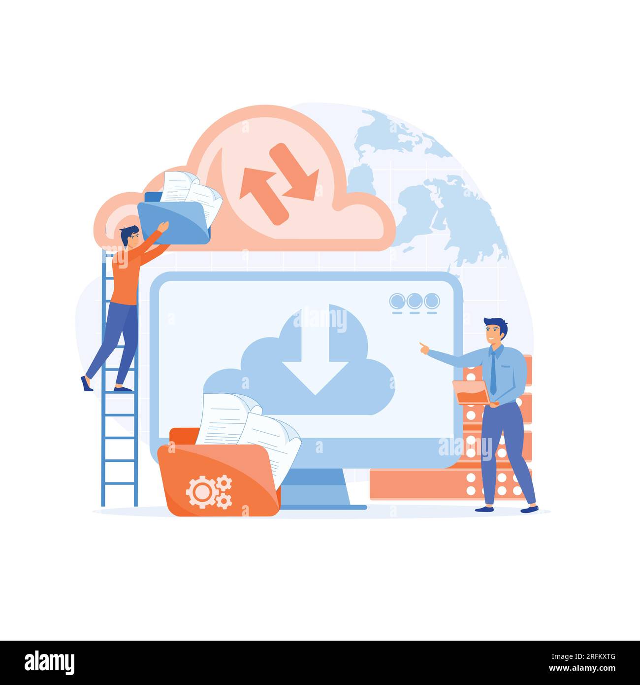 Cloud technology. People storing data on cloud server. flat vector ...