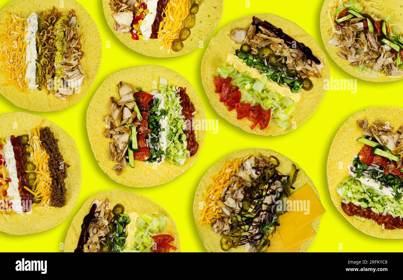 Shawarma wrap pattern. Set of different types of shawarma rolls with ...