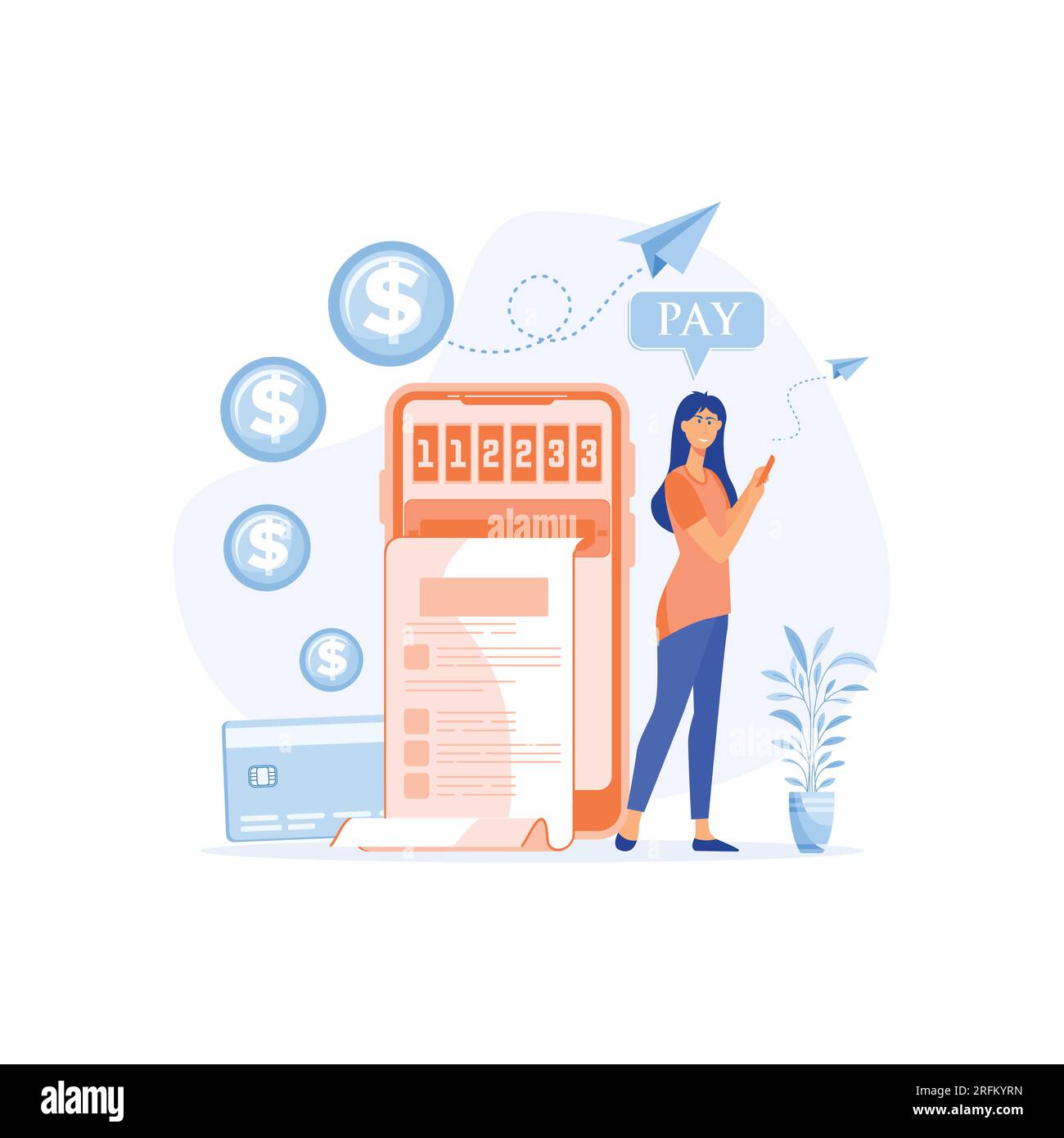 Online payment concept. Digital bill. young lady pay bill using smart phone. flat vector modern ...
