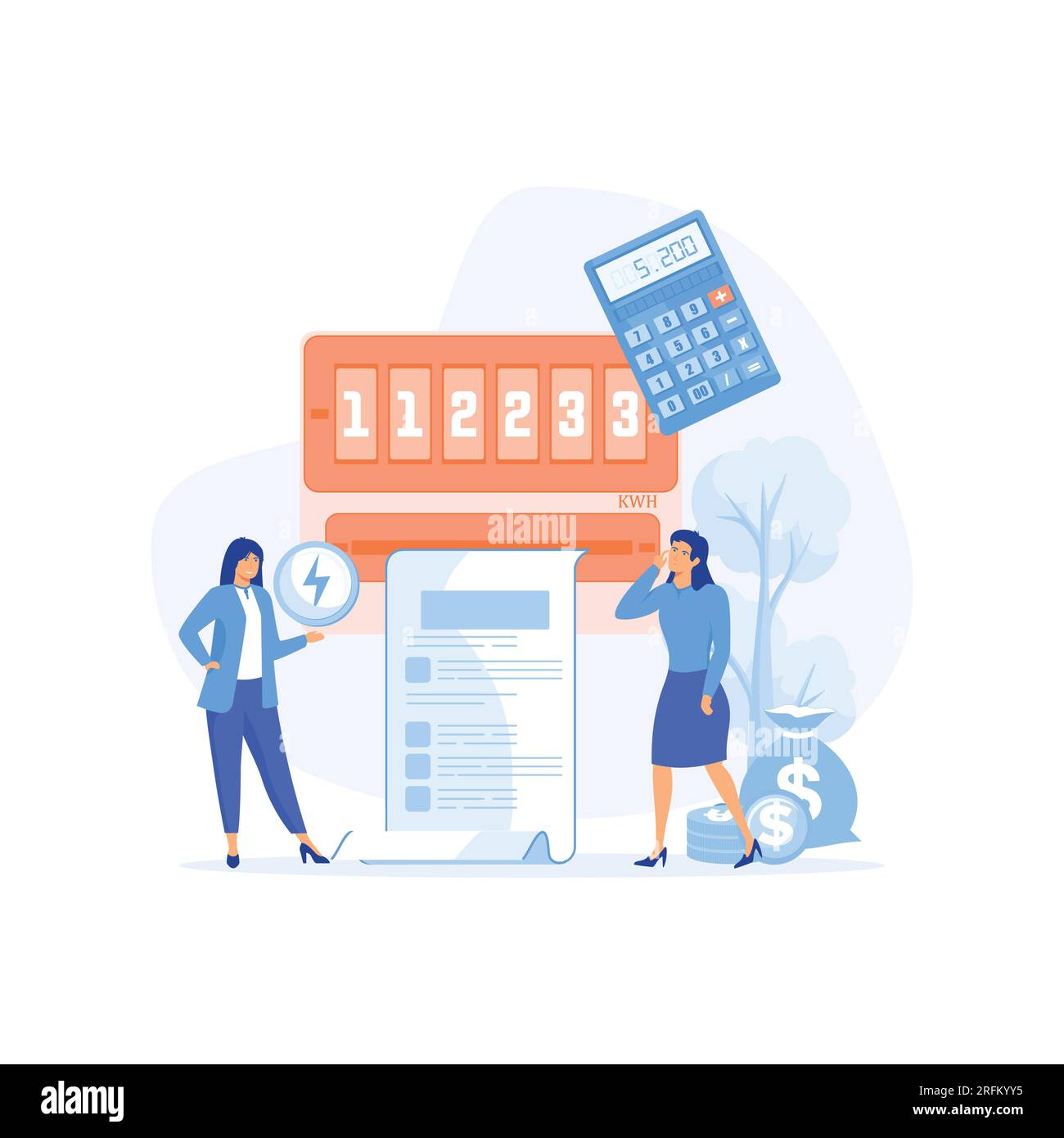 Concept of invoice and electricity meter. female characters are paying ...