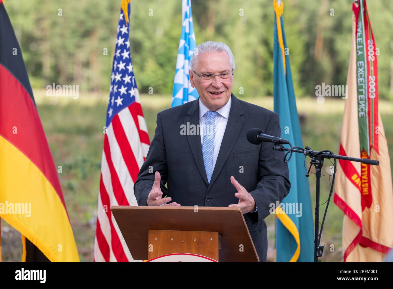 04 August 2023, Bavaria, Grafenwöhr: Joachim Herrmann (CSU), Bavarian ...