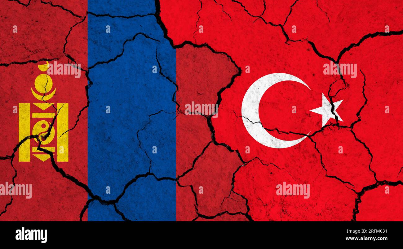 Flags of Mongolia and Turkey on cracked surface - politics ...