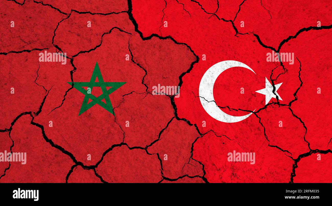 Flags of Morocco and Turkey on cracked surface - politics, relationship ...