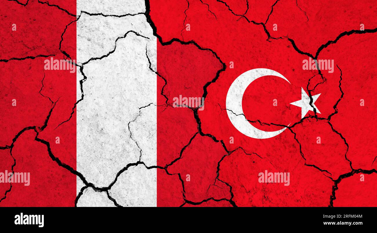 Flags of Peru and Turkey on cracked surface - politics, relationship ...