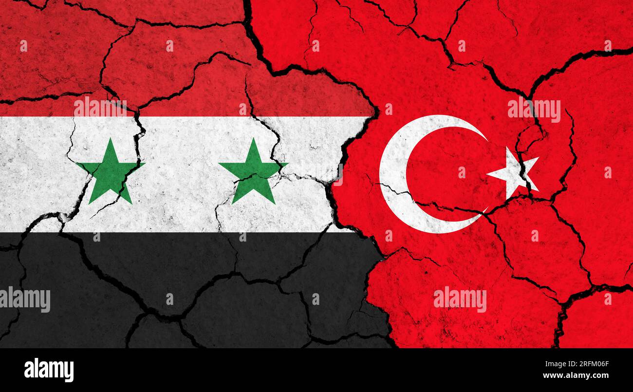 Flags of Syria and Turkey on cracked surface - politics, relationship ...