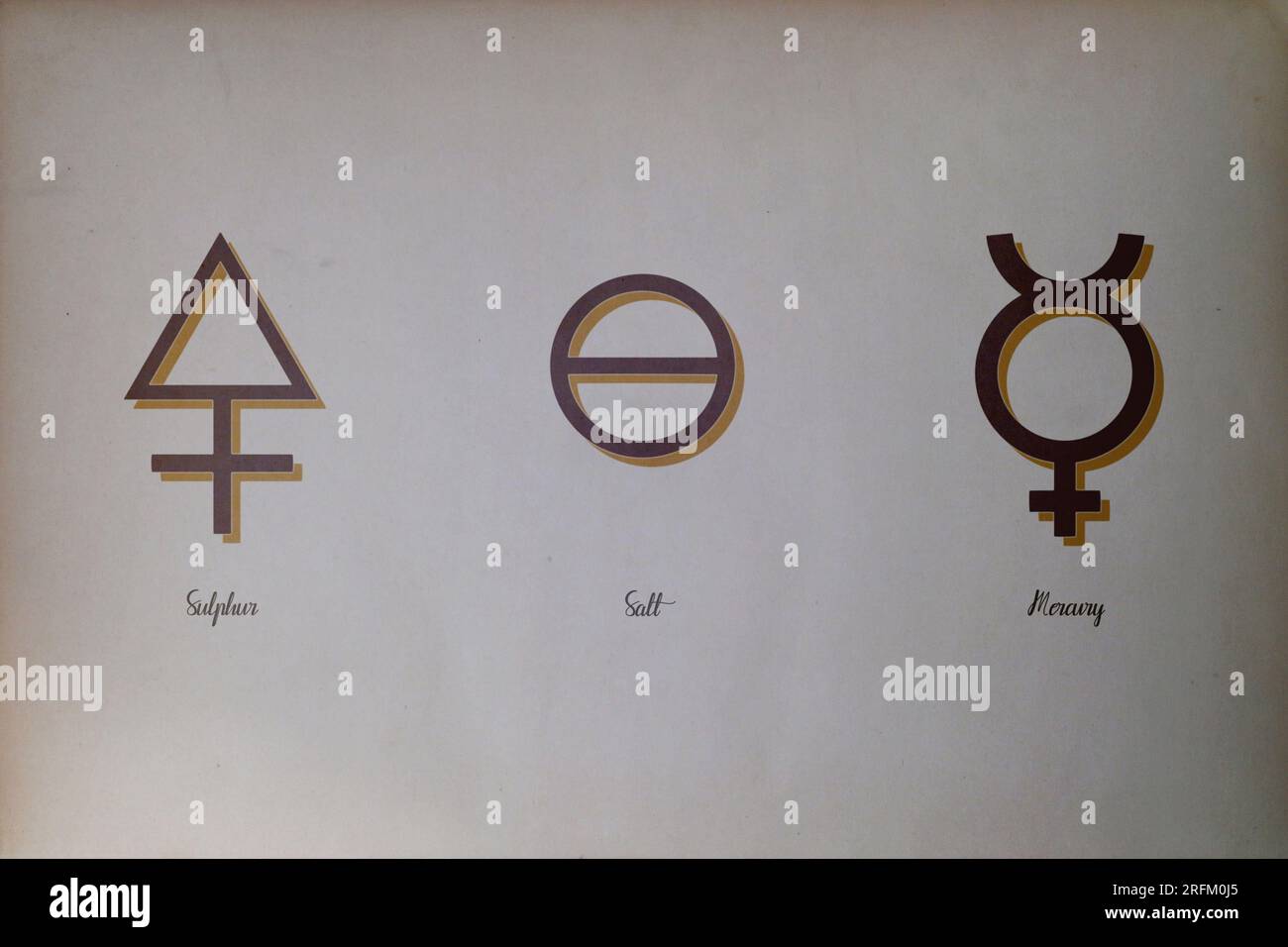 The three primes in alchemy (Sulfur, Salt and Mercury) on an old paper ...