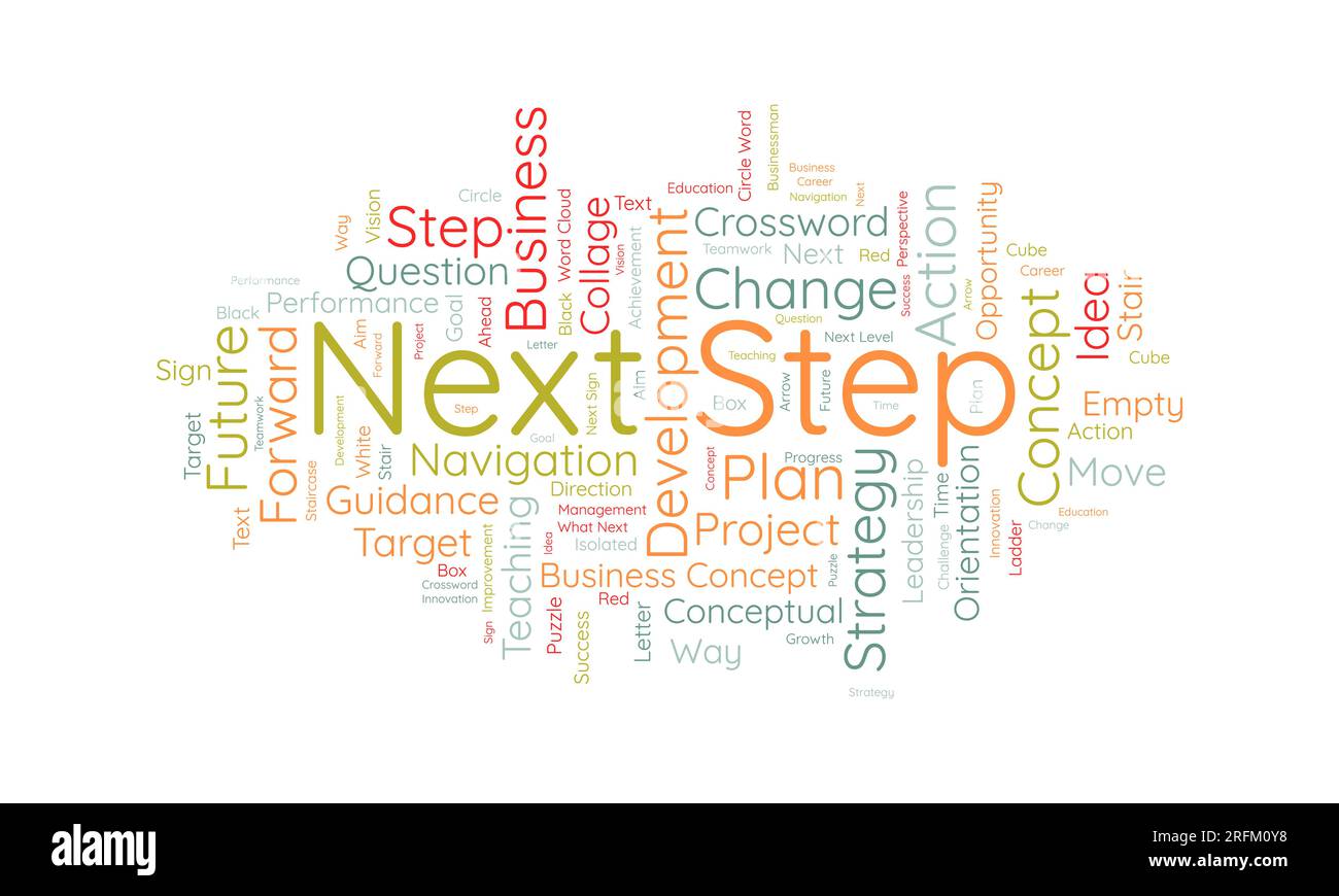 Word cloud background concept for Next Step. Future vision strategy for ...