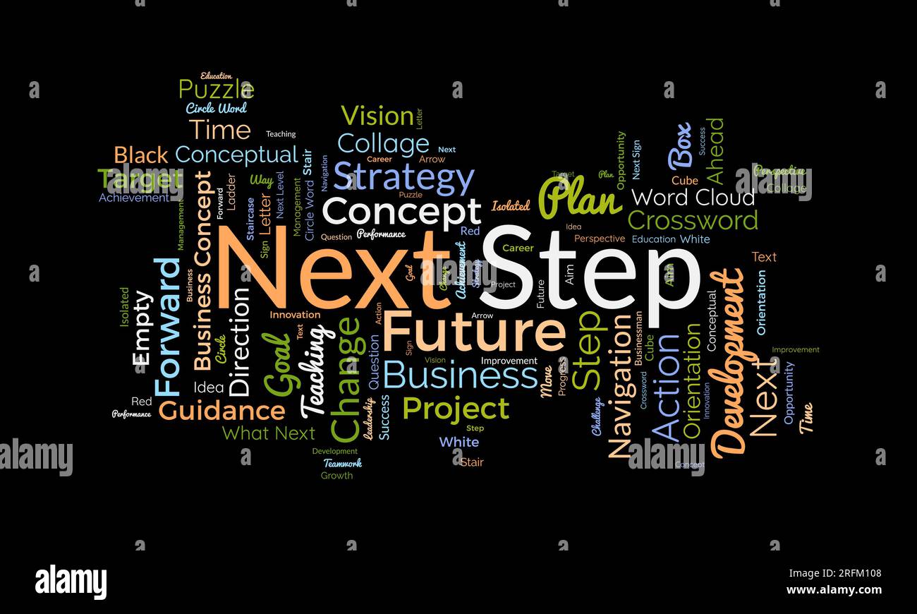 Word cloud background concept for Next Step. Future vision strategy for ...