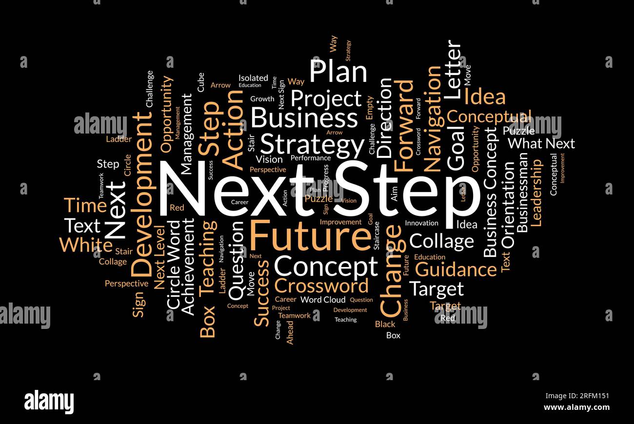Word cloud background concept for Next Step. Future vision strategy for ...