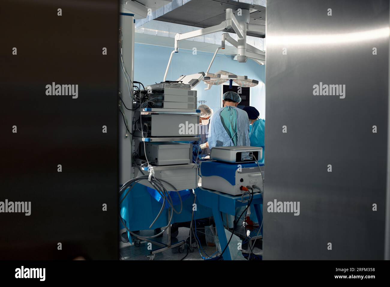 General view of operating theater with modern medical equipment and ...