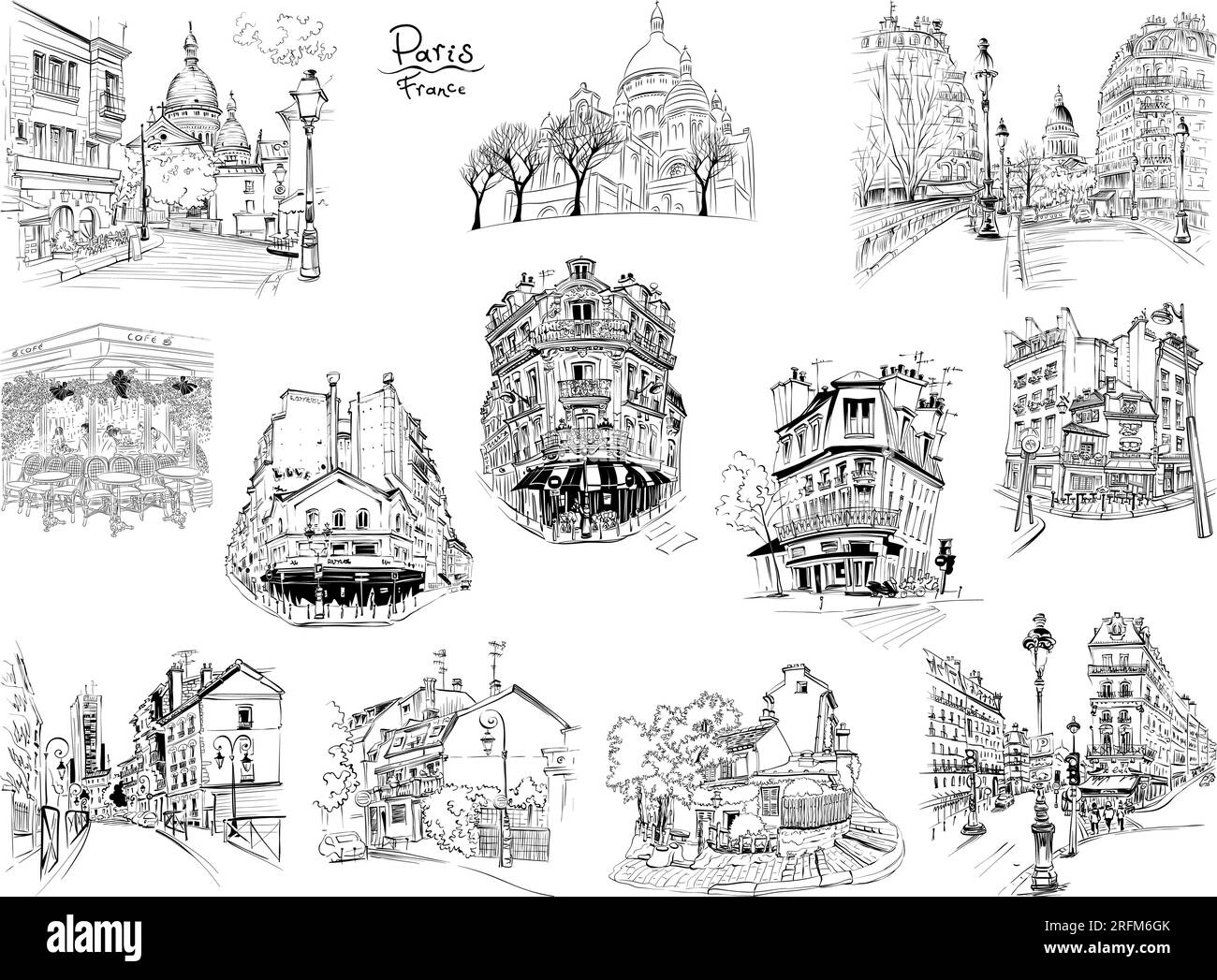 Set of Vector black and white hand drawings. Typical parisain landmarks ...