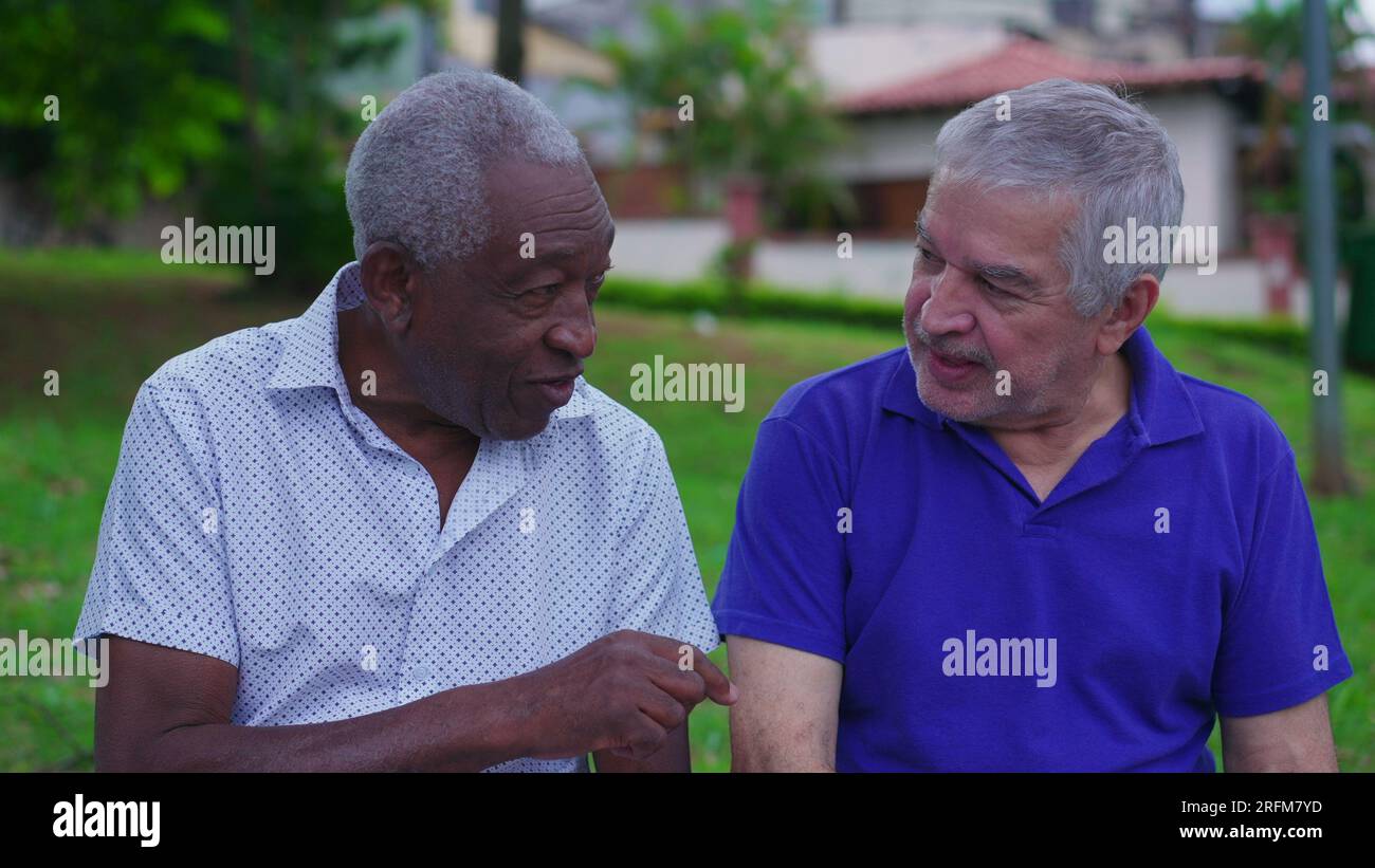 Two older diverse friends conversing at park bench. A retired African ...