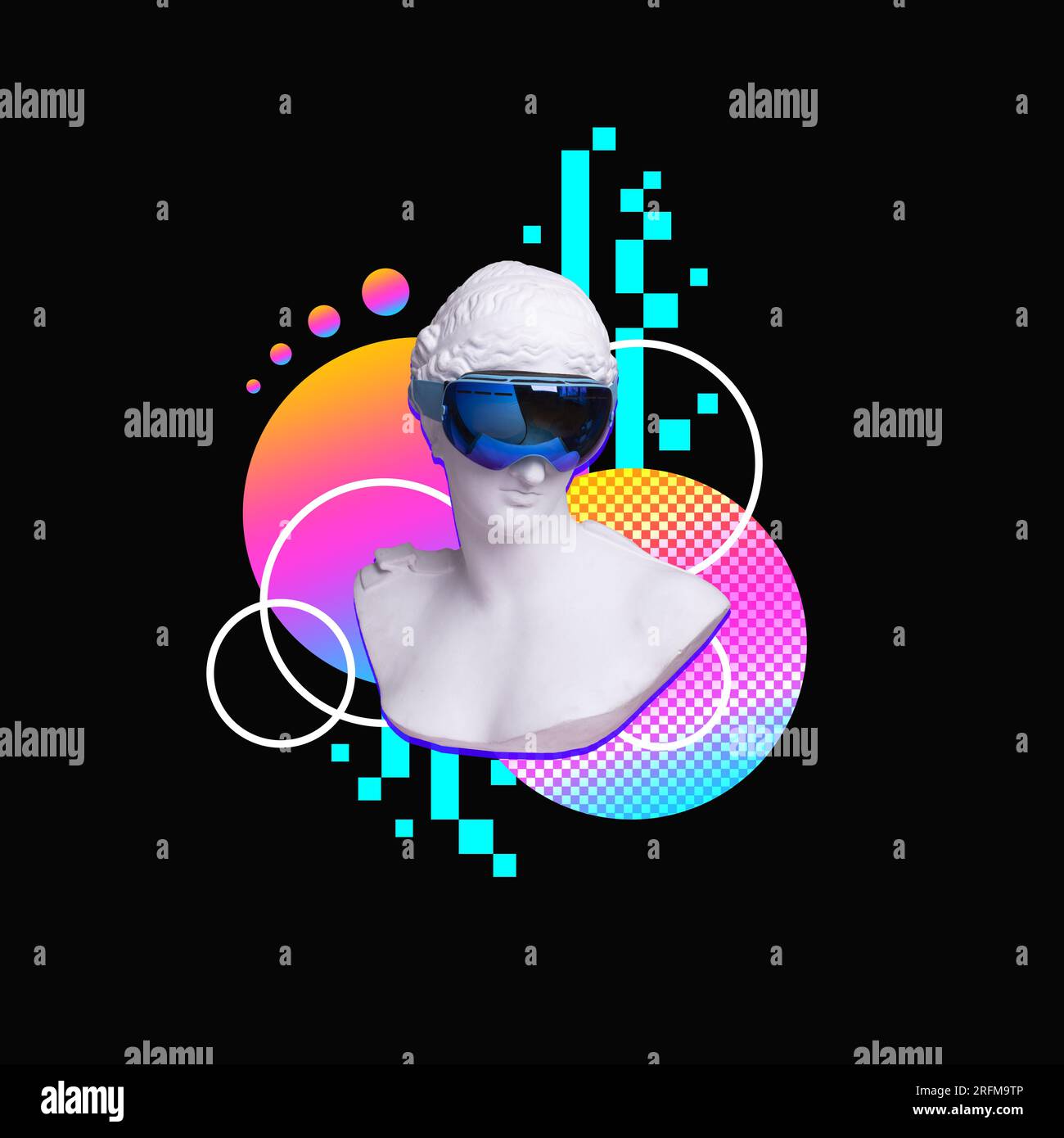 New reality. Antique statue bust in VR headset glasses over dark mode ...