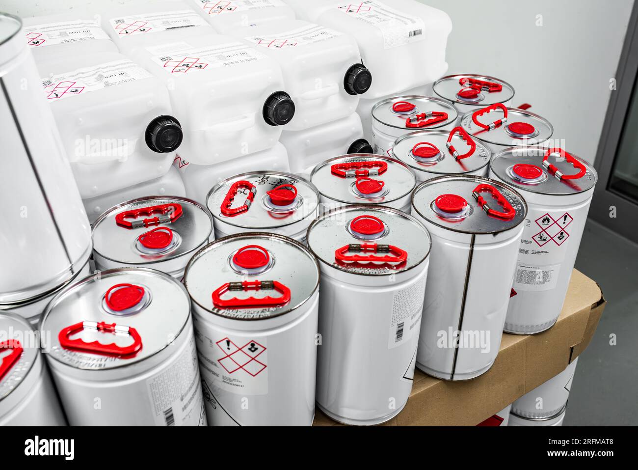 Flammable liquid in a metal canister in a storage room, research ...